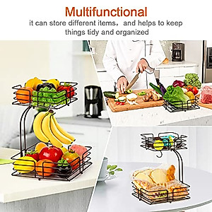 Kufutee 2 Tier Countertop Fruit Basket,Vegetables Bowl Storage With Banana Hanger,Bronze