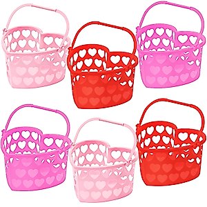 Zcaukya 6 Packs Easter Baskets, 7.1" x 7.9" x 4.3" Small Plastic Heart Shaped Basket with Handles, Heart Hollowed Baskets Holders for Romantic Party Wedding Part Decor