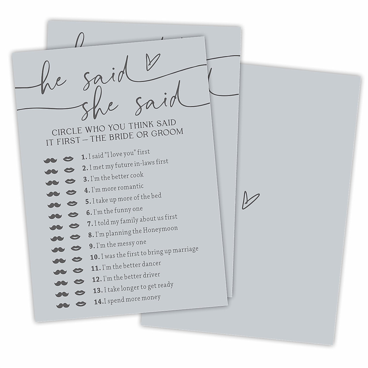 30 Pcs He Said She Said Game Cards For Wedding Party, Minimalism Bridal Shower, Mr & Mrs, Newlyweds, Engagement Party Favor & Supplies(Gray) -A05