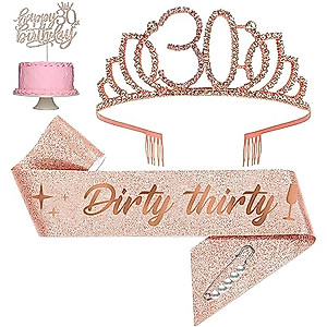 Ulfanit 30th Birthday Tiara and Sash for Women 30th Birthday Party, Rose Gold Glittered Rhinestone Crown, Dirty Thirty Sash & Happy 30 Birthday Cake Topper for Lady Birthday Party Decorations
