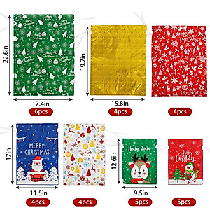 Superlele Christmas Drawstring Gift Bags 32pcs Assorted Sizes Christmas Bags Foil Wrapping Sacks Pouches Santa Goody Bags in 4 Sizes and 7 Designs for Xmas Holiday Presents Party Favor