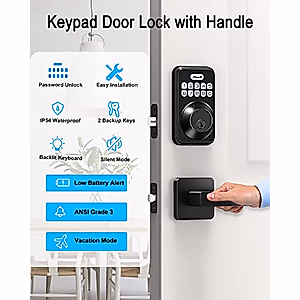Keyless Entry Door Lock with 2 Handles, Zowill Electronic Keypad Deadbolt, Auto-Locking, Anti-Peeping Password, Digital Smart Code Door Lock, Front Door Handle Sets, Matte Black