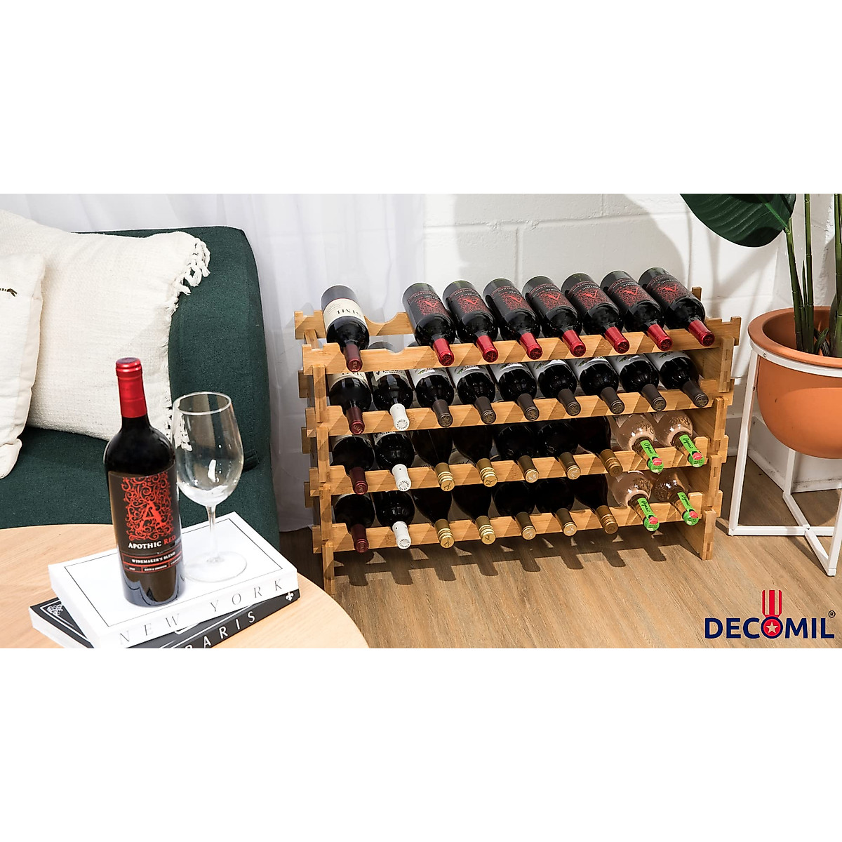 DECOMIL - 36 Bottle Large Wine Rack , Stackable & Modular Wine Storage Rack , Solid Bamboo Wine Holder Display Shelves, Wobble-Free (Four-Tier, 36 Bottle Capacity)