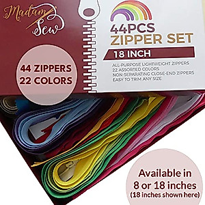Madam Sew 44pcs 8 Inch Zippers for Sewing Garments – Bulk Zippers with Plastic Coil Teeth, Heavy Duty Metal Zipper Pulls and Nylon Tapes – Colorful Closed End, Non-Separating Zippers in 22 Colors
