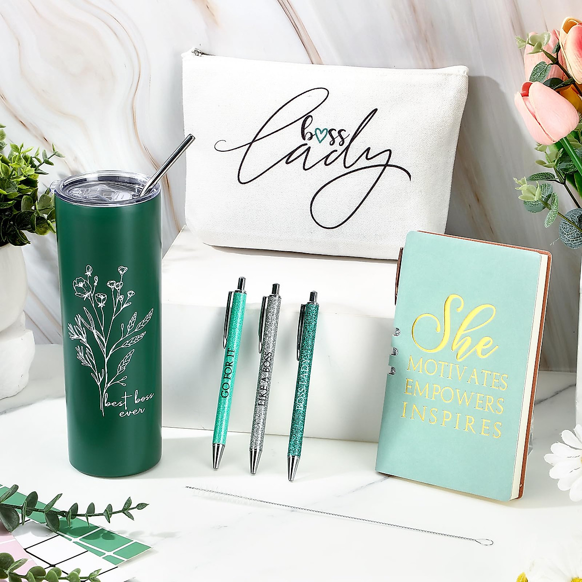 Funnymoom 6 Pcs Boss Day Gift Set Lady Appreciation Day Thank You Gifts for Women 20 oz Aesthetic Boho Flower Sign Tumbler Tote Bag Makeup Bag A6 Notepad with 3 Ballpoints Best Boss Ever Gift (Green)