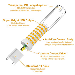 DUMILOO G9 LED Bulb 6W,60W Halogen Equivalent,2700K Warm White,High Brightness 600LM, AC120V T4 G9 Bulbs with Long Lifespan for Chandeliers Home Lighting,G9 Bi-Pin Ceramic Base,Non-Dimmable,6 Pack