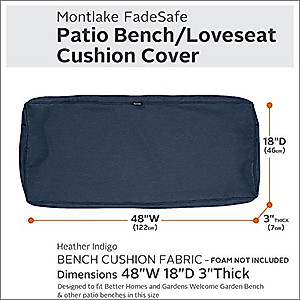 Classic Accessories Montlake FadeSafe Water-Resistant 48 x 18 x 3 Inch Outdoor Bench/Settee Cushion Slip Cover, Patio Furniture Swing Cushion Cover, Heather Indigo Blue, Patio Furniture Cushion Covers