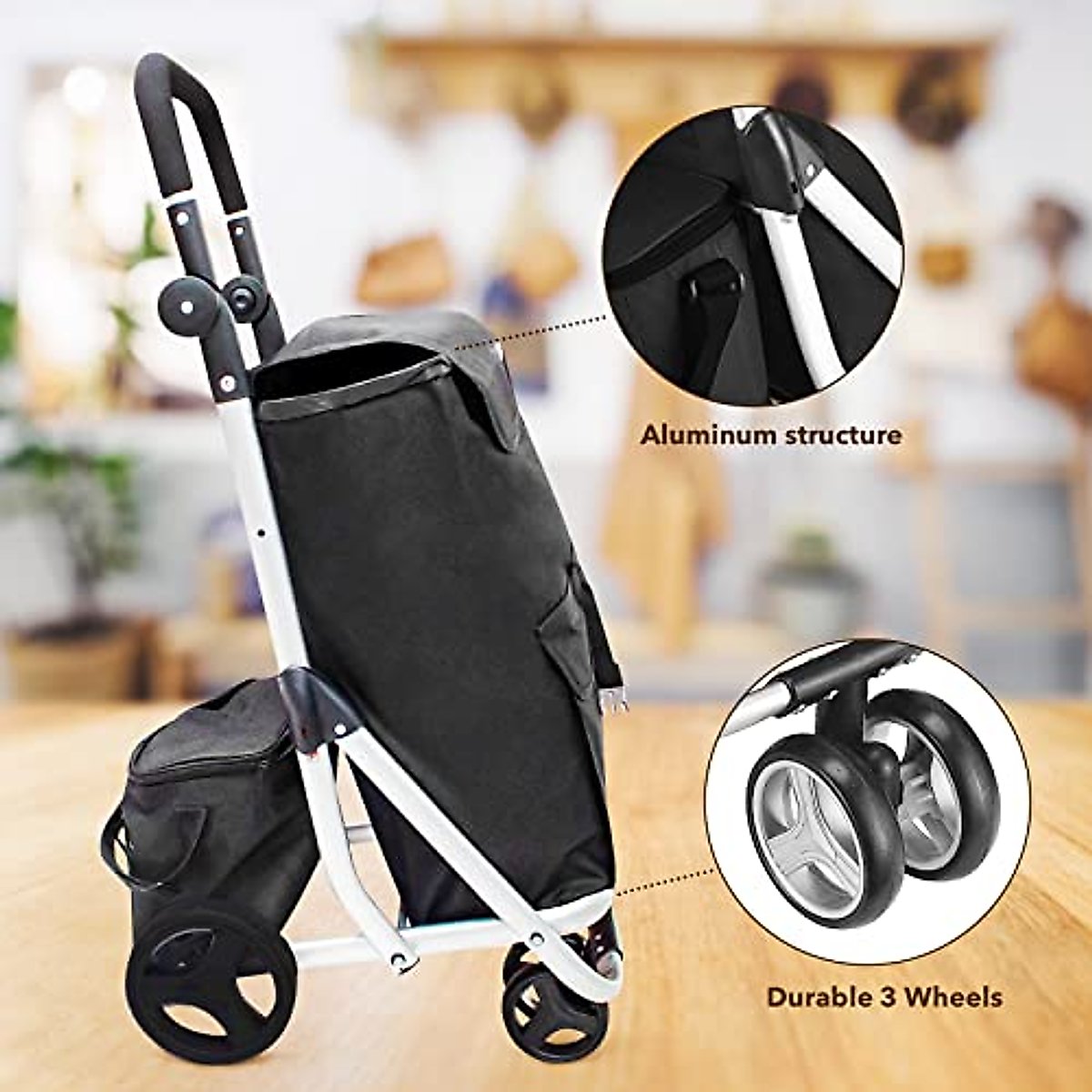 Grocery Cart on Wheels,Folding Shopping Cart with Rotatable Handle,Utility Carts with Removable Insulated Cooler Bag,Lightweight Collapsible Cart with Wheels