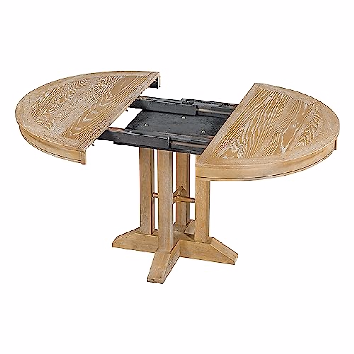 POCIYIHOME 4 Upholstered Farmhouse Round 16" Leaf, Set of 5, Family Chair Restaurant, Kitchen (Natural Wood Wash), 5 Piece Extendable Dining Table Set