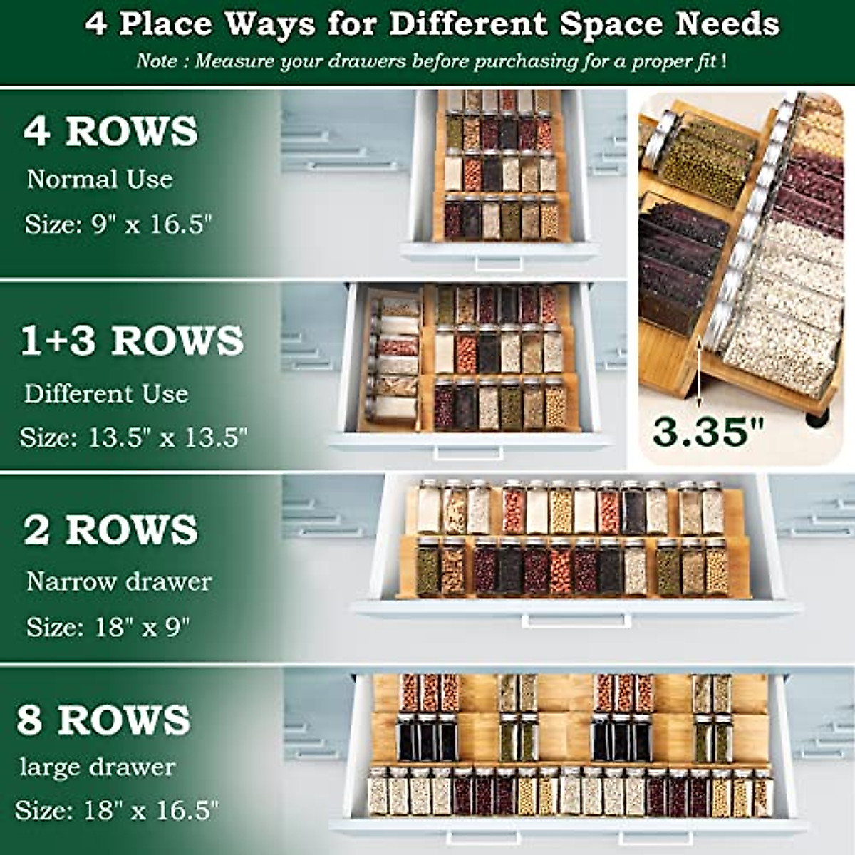 Spice Rack Organizer for Drawer, 8pcs Adjustable Expandable Kitchen Spice Rack Organizer, With Non-slip Sticker and 16 Labels, 4 Tiers Bamboo Spice Rack for Drawer, Cabinet, Countertop,18''W x16.5''D