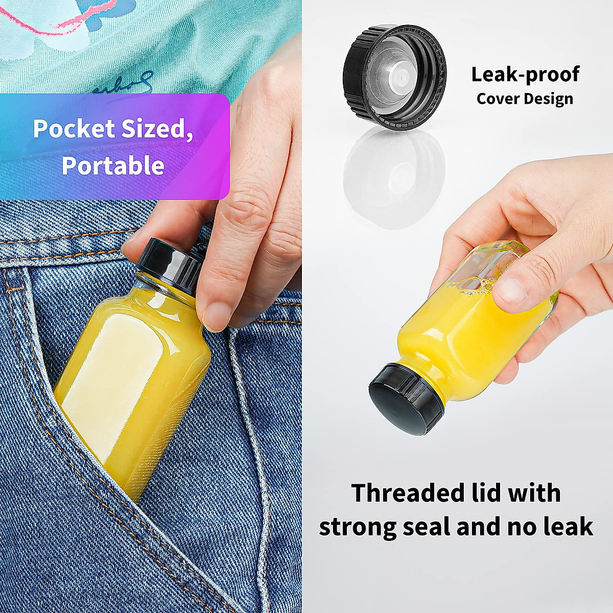 Syntic Clear Reusable Ginger Shot Bottles with Caps - 8 Pack 2 oz Small Square Glass Jars with 8 Sealed Conical Inner Caps & 8 Airtight Lids, Wide Mouth Juice bottles for Fridge, Extra Sticker, Funnel