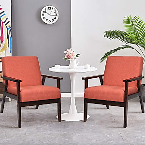 Giantex Set of 2 Mid-Century Modern Accent Chair, Retro Fabric Armchair, Solid Hardwood Made, Upholstered Linen Lounge Arm Chair for Living Room (Orange)