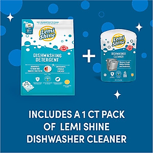 Lemi Shine Natural Dishwasher Detergent Pods + Dishwasher Cleaner 1 ct | All-In-One Powder & Gel Pods with Powerful Citric Acid | Eco Friendly Dish Wash Cleaning Supplies (65 Count)