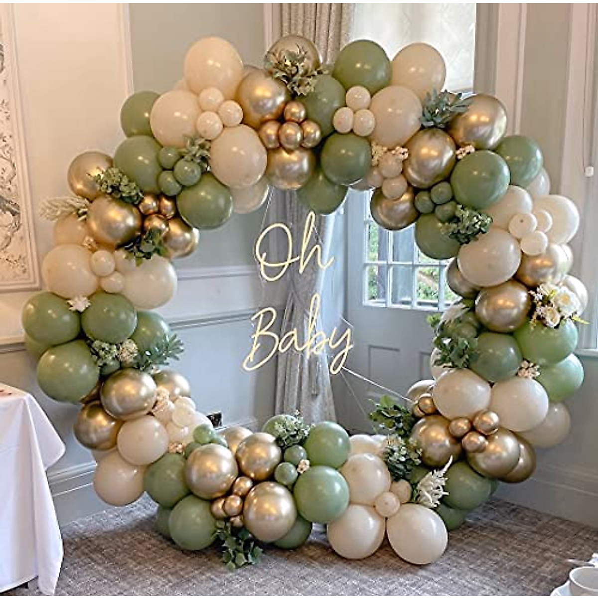 HOOBALON Sage Green Balloon Garland Arch Kit - Jungle Balloons Garland Kit-154pcs White Sand Chrome Metallic Gold Balloons for Oh Baby Shower Party Decorations