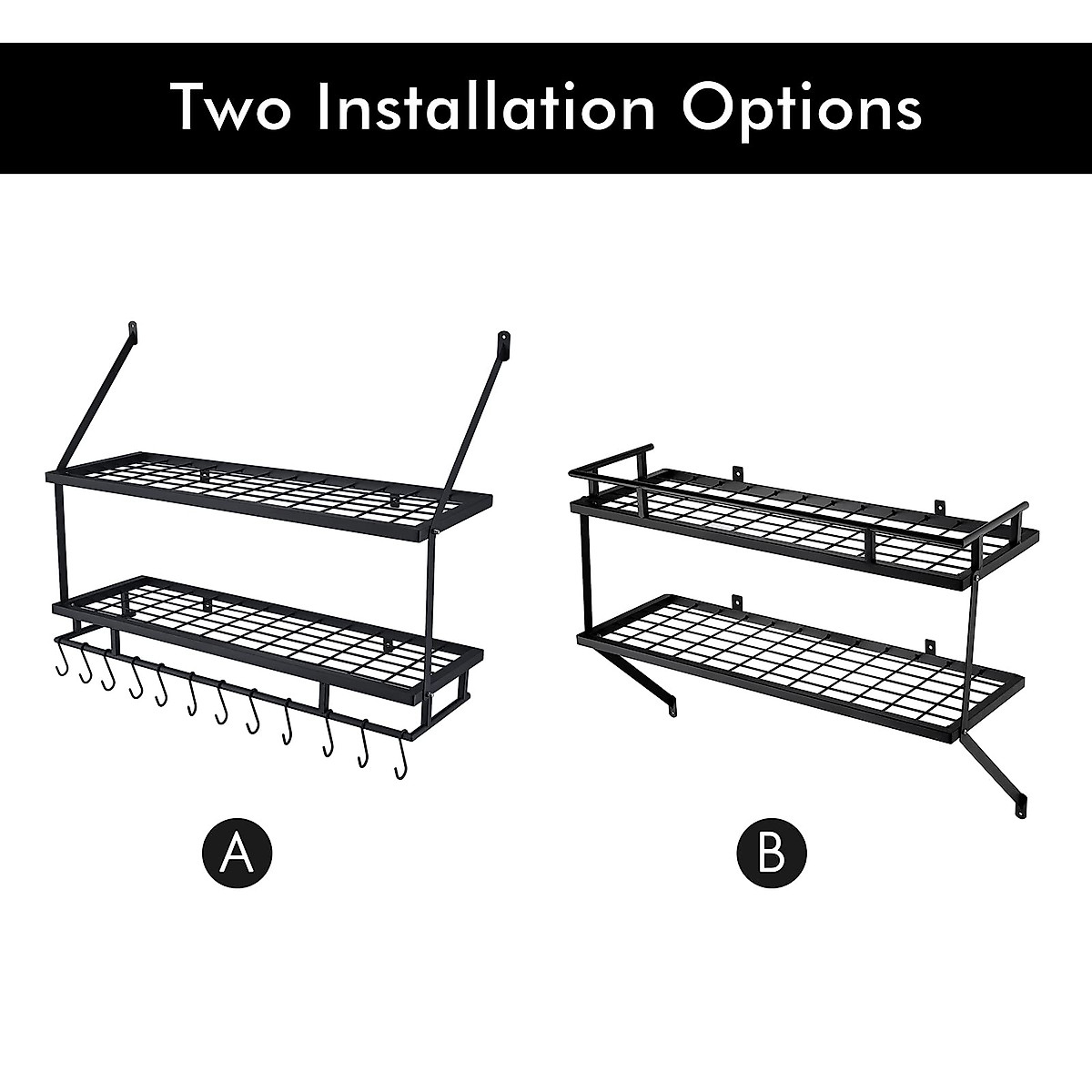 KES 30-Inch 2-Tier Kitchen Pan Pot Rack Hanging Storage Organizer with 12 Hooks and 2 Pack Magnetic Spice Rack for Refrigerator Matte Black, KUR215S75B-BK+KRR502-BK-P2