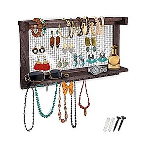 Rustic Jewelry Organizer – Wall Mounted Jewelry Holder with Removable Bracelet Rod, Shelf and 16 Hooks – Perfect Earrings, Necklaces and Bracelets Holder – Vintage Jewelry Display – Torched Brown