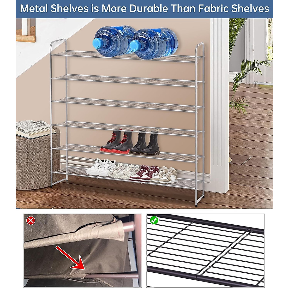 KEETDY Long 6 Tier Shoe Rack Organizer Tall Metal Shoe Organizer for Entryway Bedroom Floor Garage, Wide Shoe Shelf Storage Fits 42 Pairs Men Sneakers, Gray