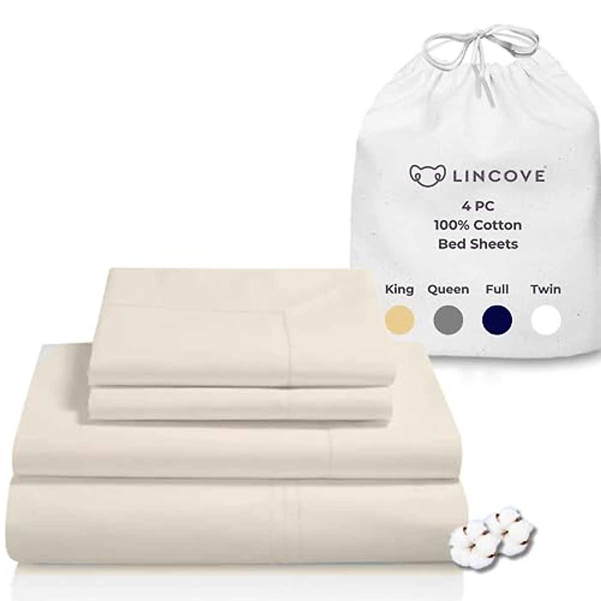 Lincove 100% Cotton Sateen 4 Piece Bed Sheet Set – 400 Thread Count, Ultra Soft Luxury Sheets with 15” Deep Pockets - Includes 1 Fitted Sheet, 1 Flat Sheet, 2 Pillowcases (Queen, Ivory)
