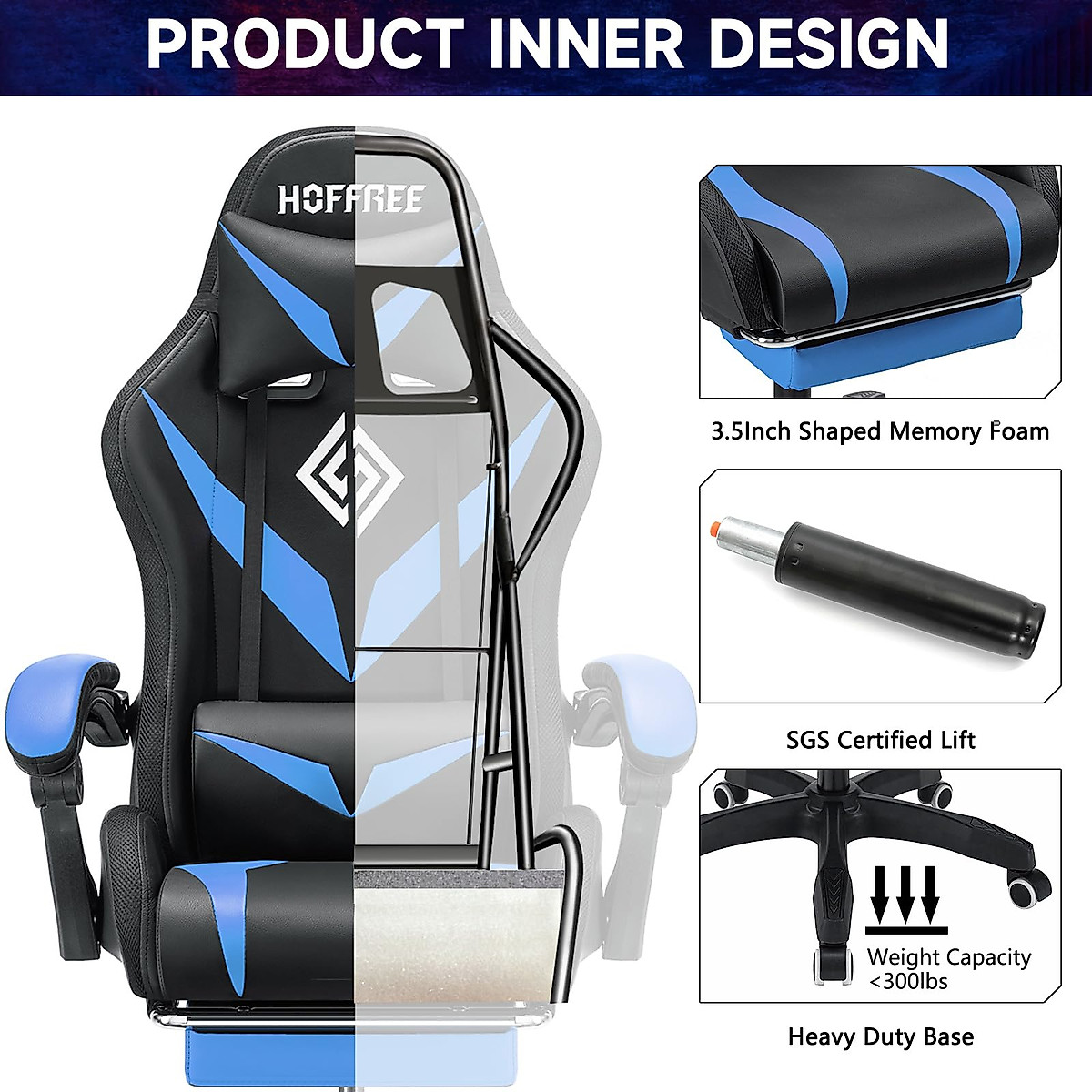 Gaming Chair with Massage and LED Lights Ergonomic Video Game Chairs with Footrest High Back Reclining Computer Chair with Adjustable Lumbar Support Blue and Black