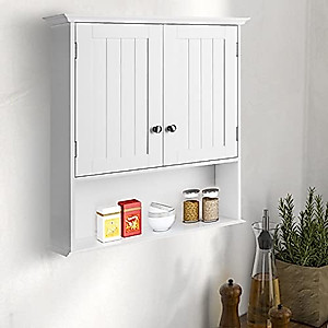 Bathroom Wall Cabinet Mounted with 2 Doors and Adjustable Shelves, 24" x 28" Wooden Medicine Cabinet Over Toilet Storage Wall Hanging Cabinets for Bathroom Bedroom Kitchen Laundry Room