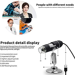 Digital Microscope USB HD Inspection Camera 50x-1000x Magnification with Stand Compatible with Samsung Galaxy, Android