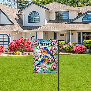 Artofy Welcome Spring Bluebird Home Decorative Birds Garden Flag, Yard Outside Decor, Summer Flowers Outdoor Small Burlap Decoration Double Sided 12 x 18