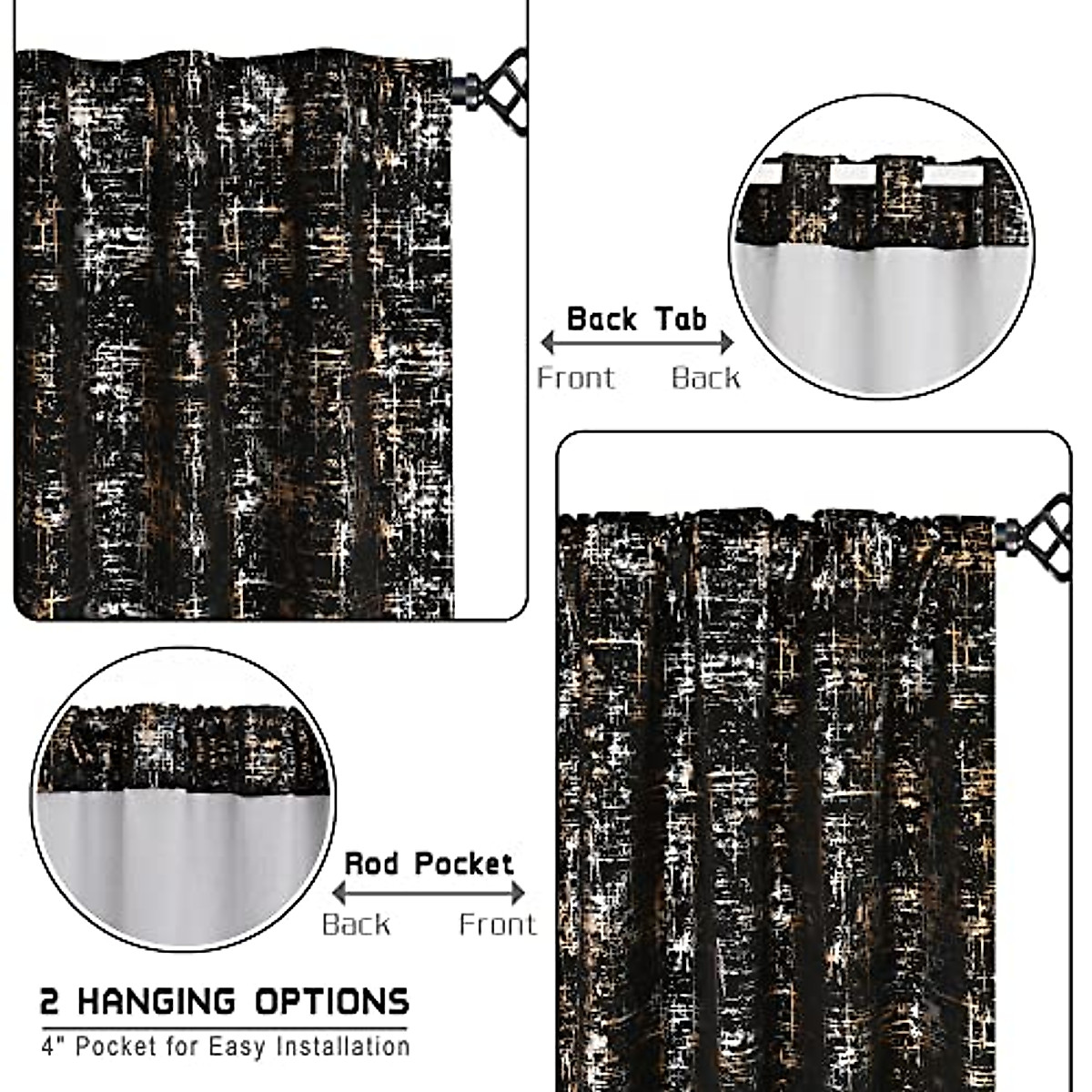 Lecloud Snow 100% Blackout Velvet Curtains 84 Inches Length 2 Panels，Gold Foil Printed Thermal Insulated Energy Saving Drapes for Living Room, Noise Reducing Black Curtain for Bedroom, 52" Wx84 L