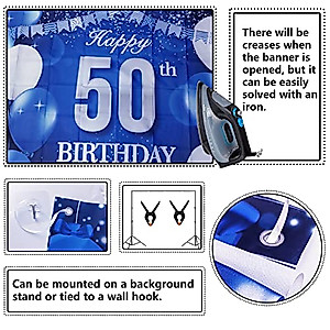 4 x 6ft Happy 50th Birthday Party Decorations Banner Blue and Silver - Cheers to 50 Years Anniversary Photo Booth Backdrop party Supplies for Girls and Boys