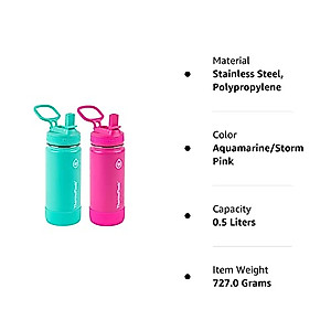 ThermoFlask Double Wall Vacuum Insulated Stainless Steel Kids Water Bottle with Straw Lid, 16 Ounce, 2-Pack, Aquamarine/Storm Pink