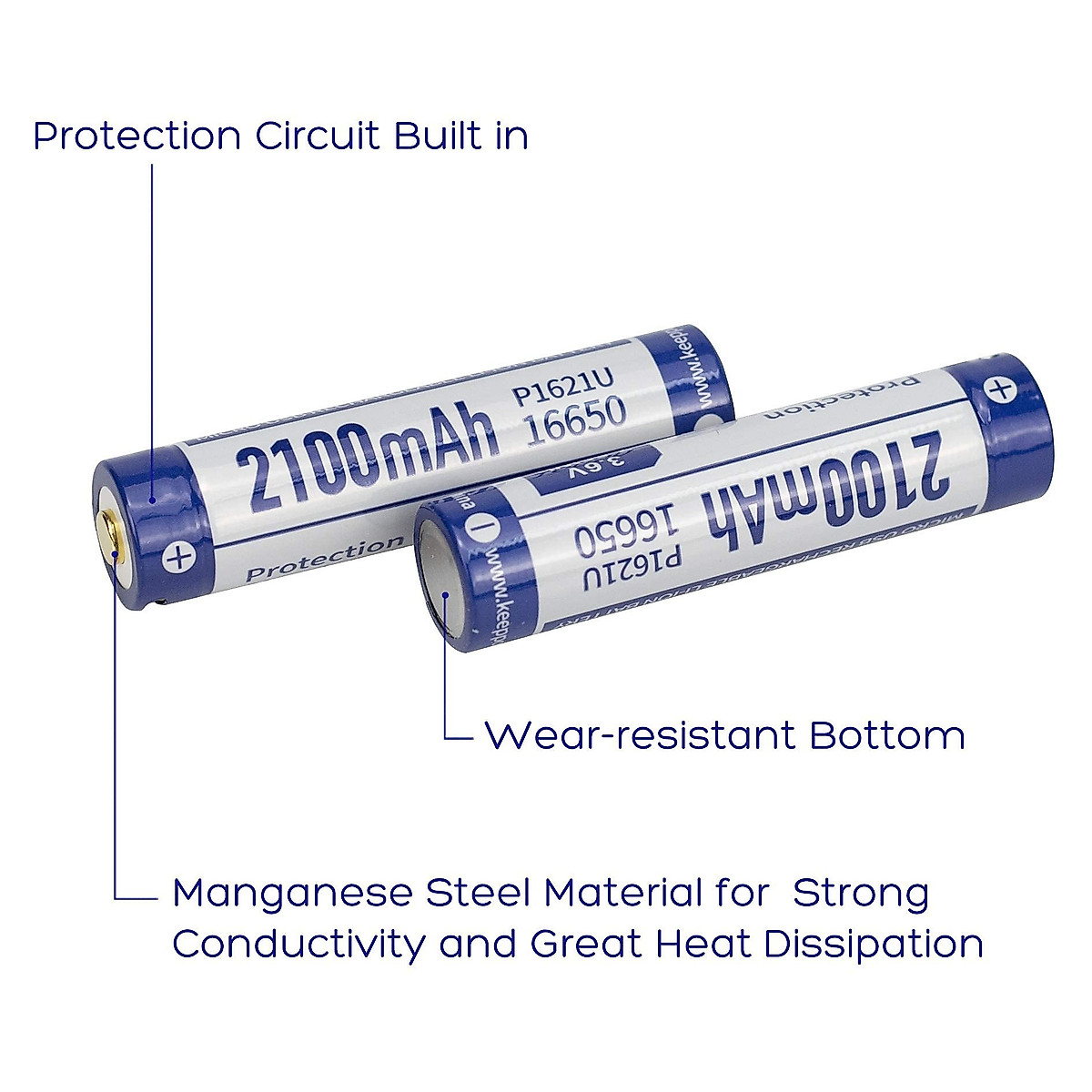 Keeppower Protected 16650 Li-ion Battery P1621U USB Rechargeable 3.6V 2100mAh 7.56Wh Flashlight Battery Included with a 2-in-1 Charging Cable (2 Pack)