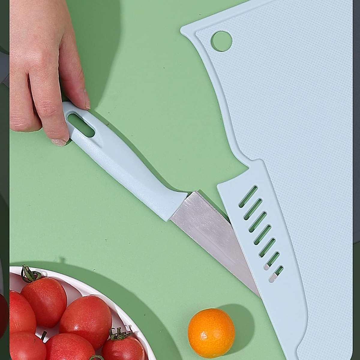 Small Plastic Cutting Board With Knife, Reusable Plastic Utility Cutting Board Multifunctional Portable Fruit Chopping Board with Knife Organizer & Hanging Hole for Kitchen Countertop(blue)