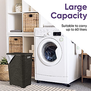 Plastic Laundry Hamper with Lid Laundry Hamper Basket, Brown Tall Cloths Hamper Organizer with Cut-out Handles. Space Saving for Laundry Room Bedroom Bathroom, Wicker Design 60 Liter