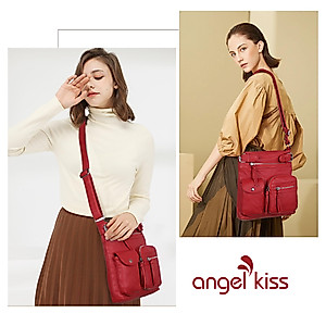 Angel Kiss Crossbody Bags for Women Washed Leather Shoulder Bags Multi Pocket Soft Hobo Purses and Medium Handbags