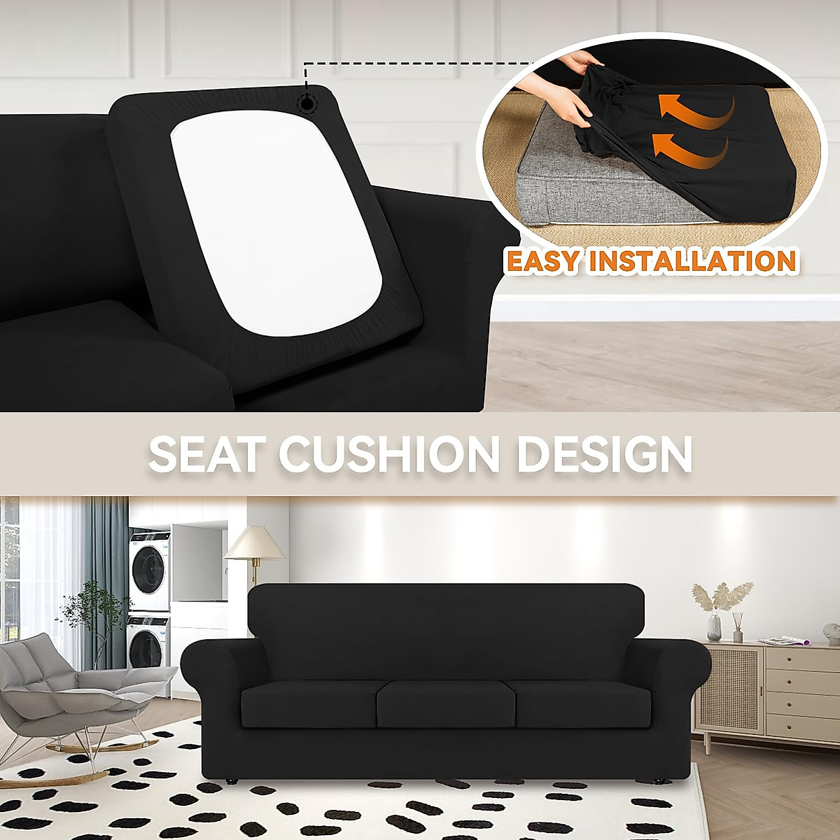 KEKUOU 4 Pieces Stretch Couch Covers for 3 Cushion Couch Sofa pet Friendly， Sofa Covers Washable Soft Elastic Dogs Furniture Protector(Sofa,Black)