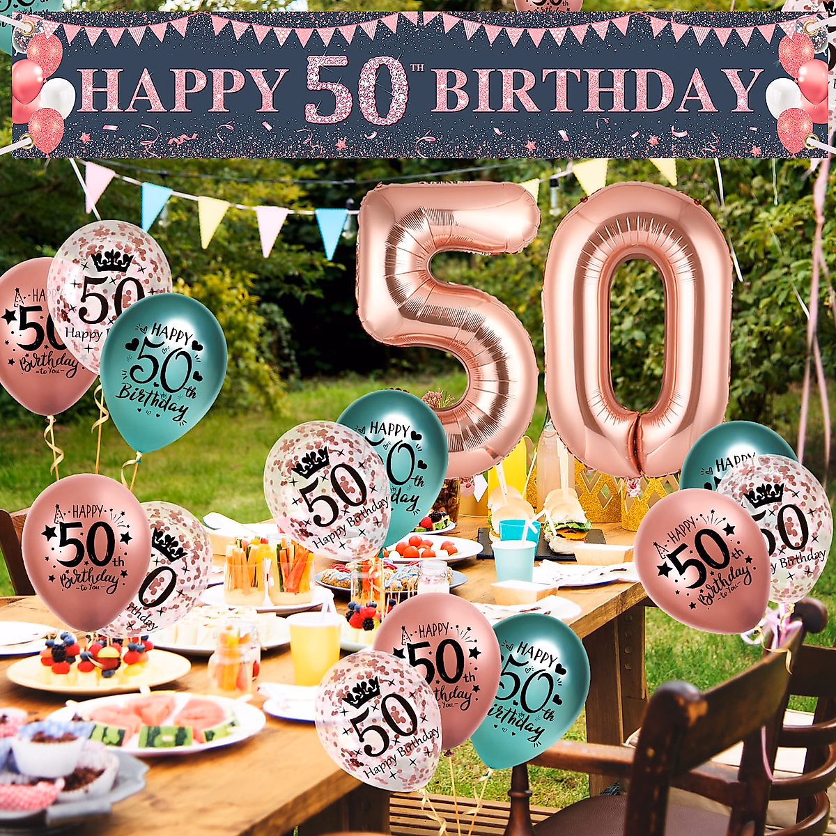 Rose Gold 50th Birthday Party Decorations for Women 50th Birthday Banner and 18pcs 50th Birthday Balloons for Women 50th Happy Birthday Banner for Anniversary Birthday Party Supply Garden Yard Decor