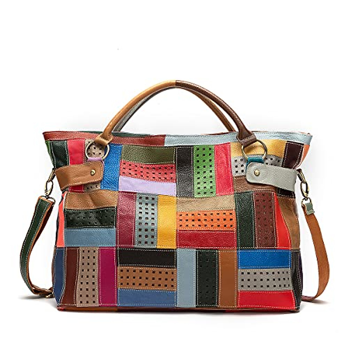 Segater® Women’s Genuine Leather Tote Multicolour Patchwork Hollow Shoulder Bag Cowhide Stitching Colorful Large Handbag Purses Multicoloured