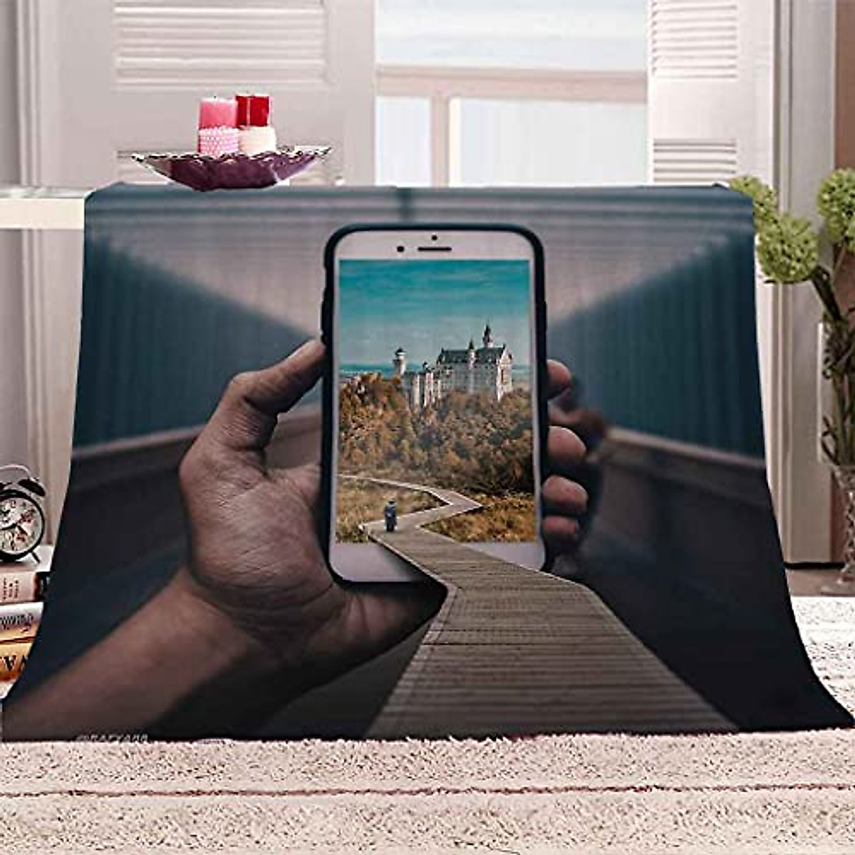 DALEM Soft Fleece Throw Blanket - Fluffy Microfiber Solid Blankets for Bed and Couch Double/Single Size - 59X79Inch Wooden Bridge Scenery Printed Flannel Blanket for Bed, Couch and Sofa