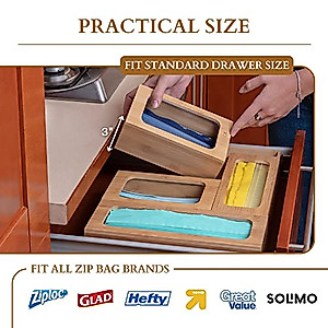 Ziplock Bag Storage Organizer -5 Bamboo Wood Container & Bag Clips, Fit Gallon Quart Sandwich Snack Zip Bags From Ziploc & All Brands, Kitchen Drawer Food Baggie Holder, Plastic Bag Slider Dispenser
