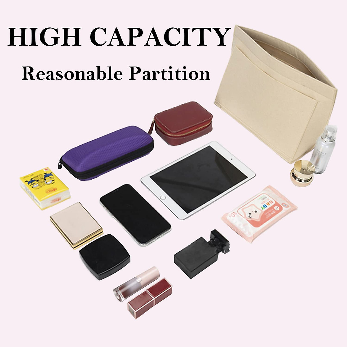 D.DUO Purse Organizer, Multi-Pocket Felt Handbag Organizer, Folding Tote Bag organizer insert for Insert Wallet Organizer for Longchamp (Beige, Large)