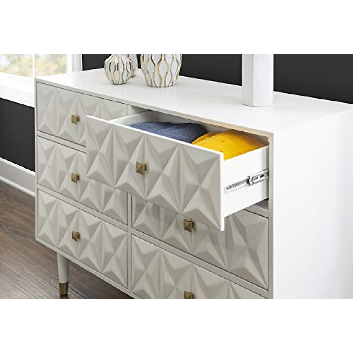 Linon Home Décor Sheerah Six Drawer Geo Texture White Dresser, Gold