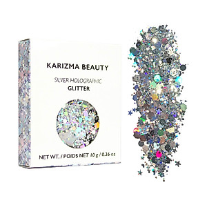 KARIZMA Holographic Silver Body Glitter. 10g Chunky Face Glitter, Hair Glitter, Eye Glitter and Body Glitter for Women. Rave Glitter, Festival Accessories, Cosmetic Glitter Makeup. Loose Glitter Set