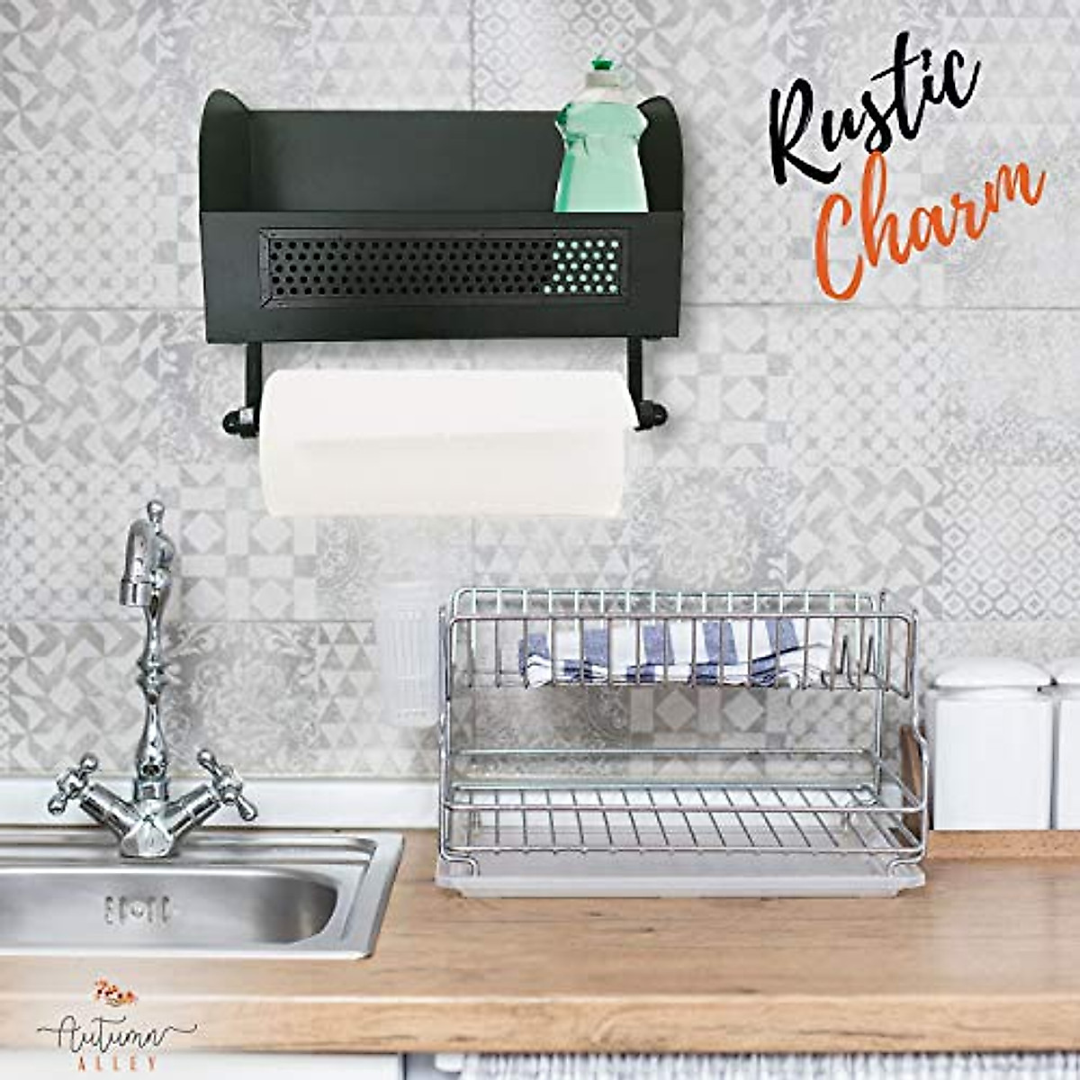 Autumn Alley Rustic Farmhouse Wall Mounted Black Paper Towel Holder with Shelf | Sturdy & Stylish Farmhouse Bathroom Towel Holders | Vintage Towel Hanging Rack | Rustic Kitchen/Bathroom Wall Decor