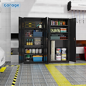 Metal Garage Cabinet,Storage Cabinet with 2 Doors and 4 Adjustable Shelves,71”Steel Lockable File Cabine,Tool Cabinets for Office,Home,Garage,Gym,School(Black) Assembly Required.