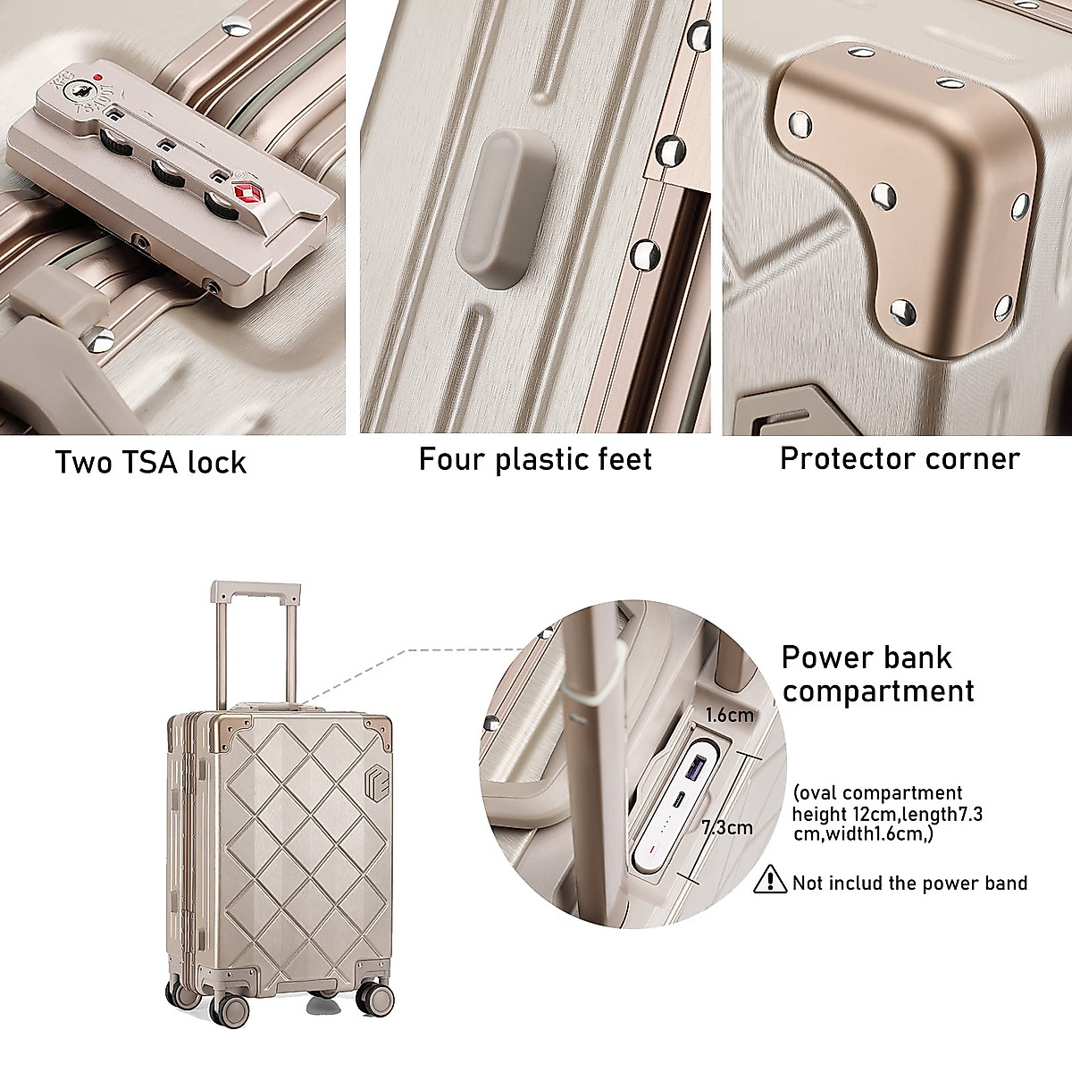 Somago Carry On Luggage with Spinner Wheels 20in Lightweight Suitcase Built in TSA Aluminum Frame PC Hardside Rolling Suitcases Travel Case (Titanium Gold)