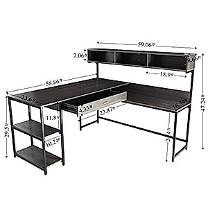 HEAO L-Shaped Corner Desk with Multiple Shelves and Drawer Space-Saving Computer Home & Office Desk (Dark Grey)