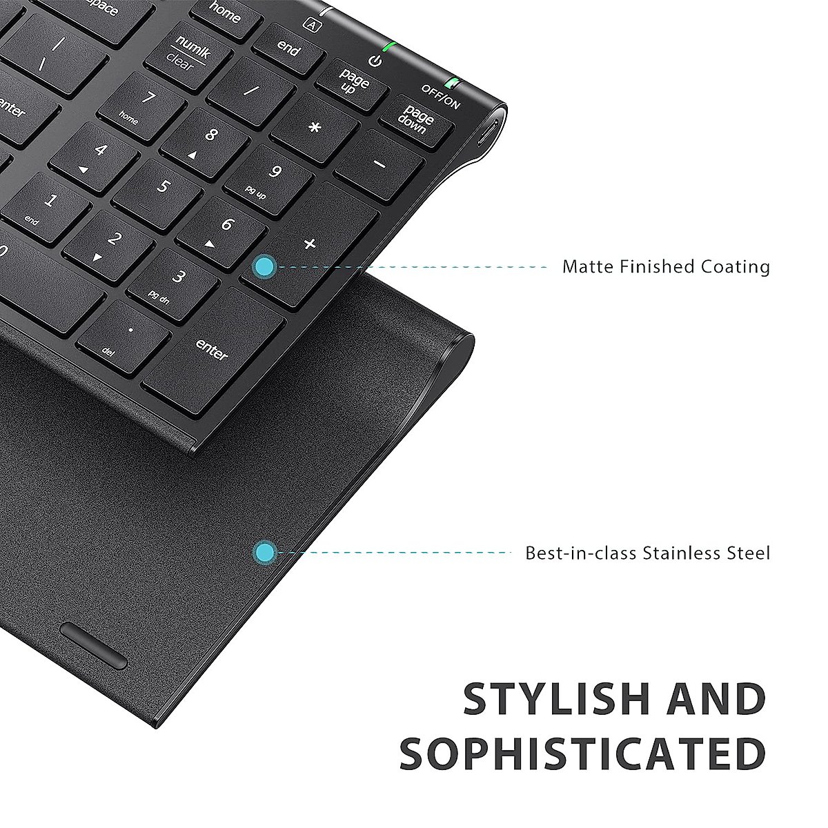 iClever Wireless Keyboard GKA22B Rechargeable Keyboard with Number Pad, Full-Size Stainless Steel Ultra Slim Keyboard, 2.4G Stable Connection Wireless Keyboard for iMac, Mackbook, PC, Laptop