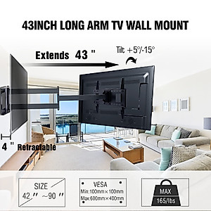 FORGING MOUNT Long Extension TV Mount, Dual Articulating Arm Full Motion Wall Mount TV Bracket with 43 inch Long Arm,Fits 42 to 90 Inch Flat/Curve TVs, Holds up to 165 lbs,VESA 600x400mm Compatible