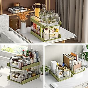 JAWNLITY Bathroom Counter Organizer with Pull-out Drawers, 2 Tier Sliding Cabinet Organizer Shelf with Handles, Clear Slide-out Under Sink Organizer for Kitchen, Pantry Storage (Green)