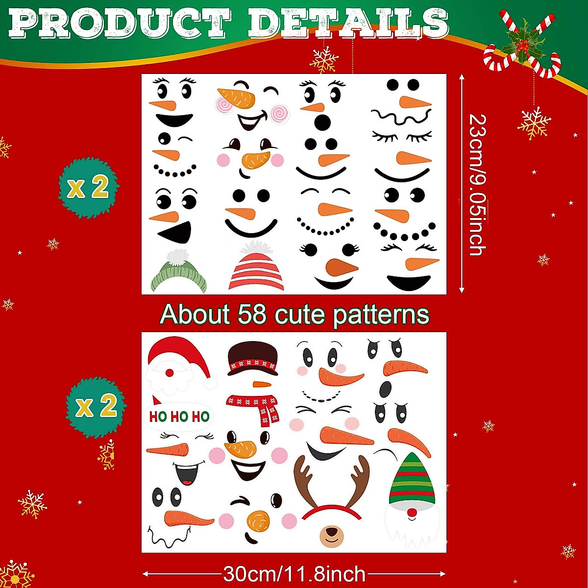 58 Pieces Snowman Decals PVC Face Stickers Christmas Wall Decor Stickers Glass Blocks Holiday Decals Snowman Hats Stickers Cute Snowman Face Decals for Home Wall Door Refrigerator Party Decoration