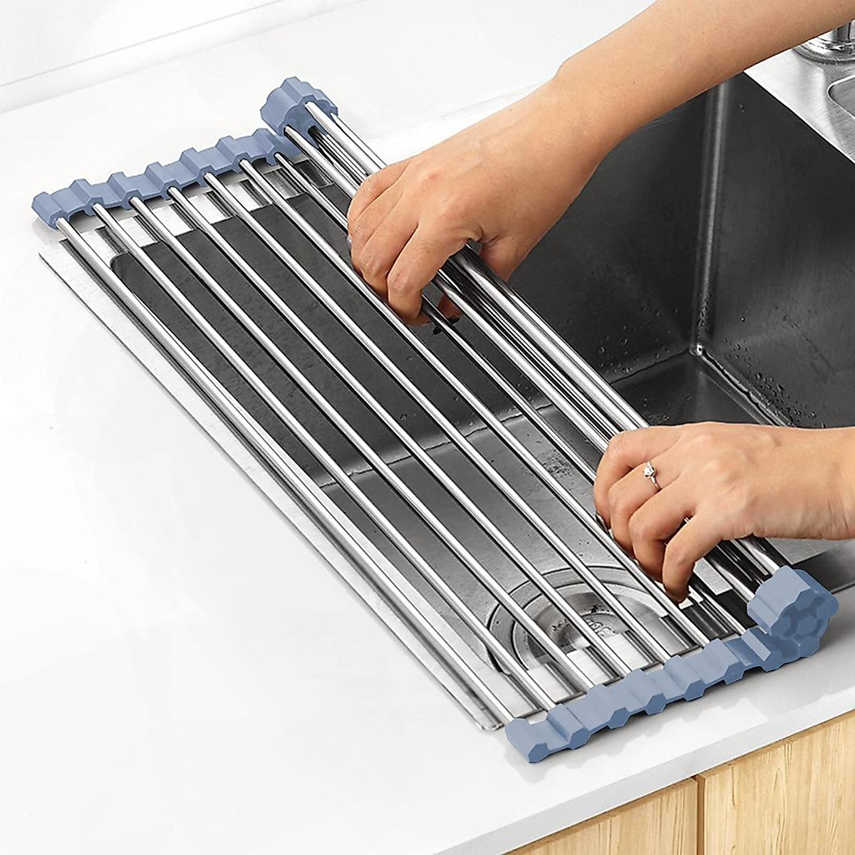 MECHEER Over The Sink Dish Drying Rack, Roll Up Dish Drying Rack Kitchen Dish Rack Stainless Steel Sink Drying Rack, Foldable Dish Drainer, Gray (17.5''x11.8'')